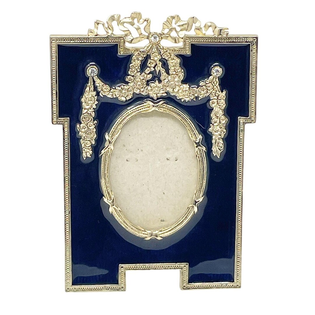 Vintage Terragraphics Navy Blue Gold Tone Enamel Photo Frame Bows ...