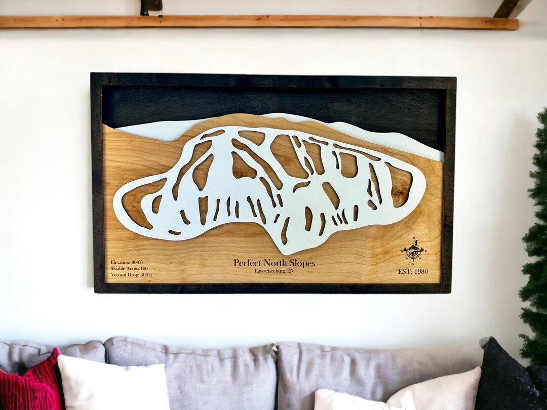 Perfect North Slopes, Indiana- Ski Decor, Wood Ski Map, Ski Trail Art ...