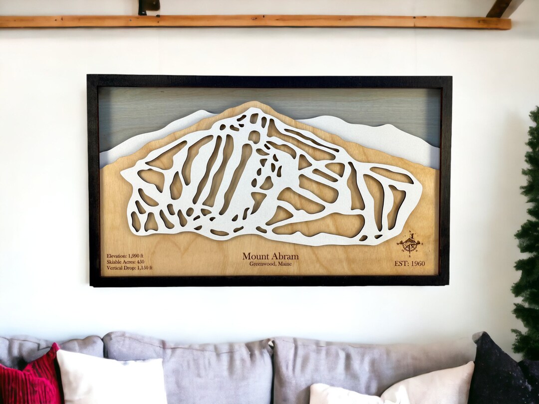Mount Abram, Maine- Ski Decor, Wood Ski Map, Ski Trail Art, 3D Layered Ski Resort Map, Ski House ...