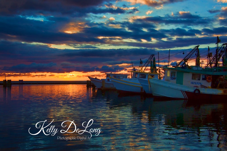 Fulton Harbor Sunrise, Shrimp Boats at Dawn, Marina, Coastal Art ...