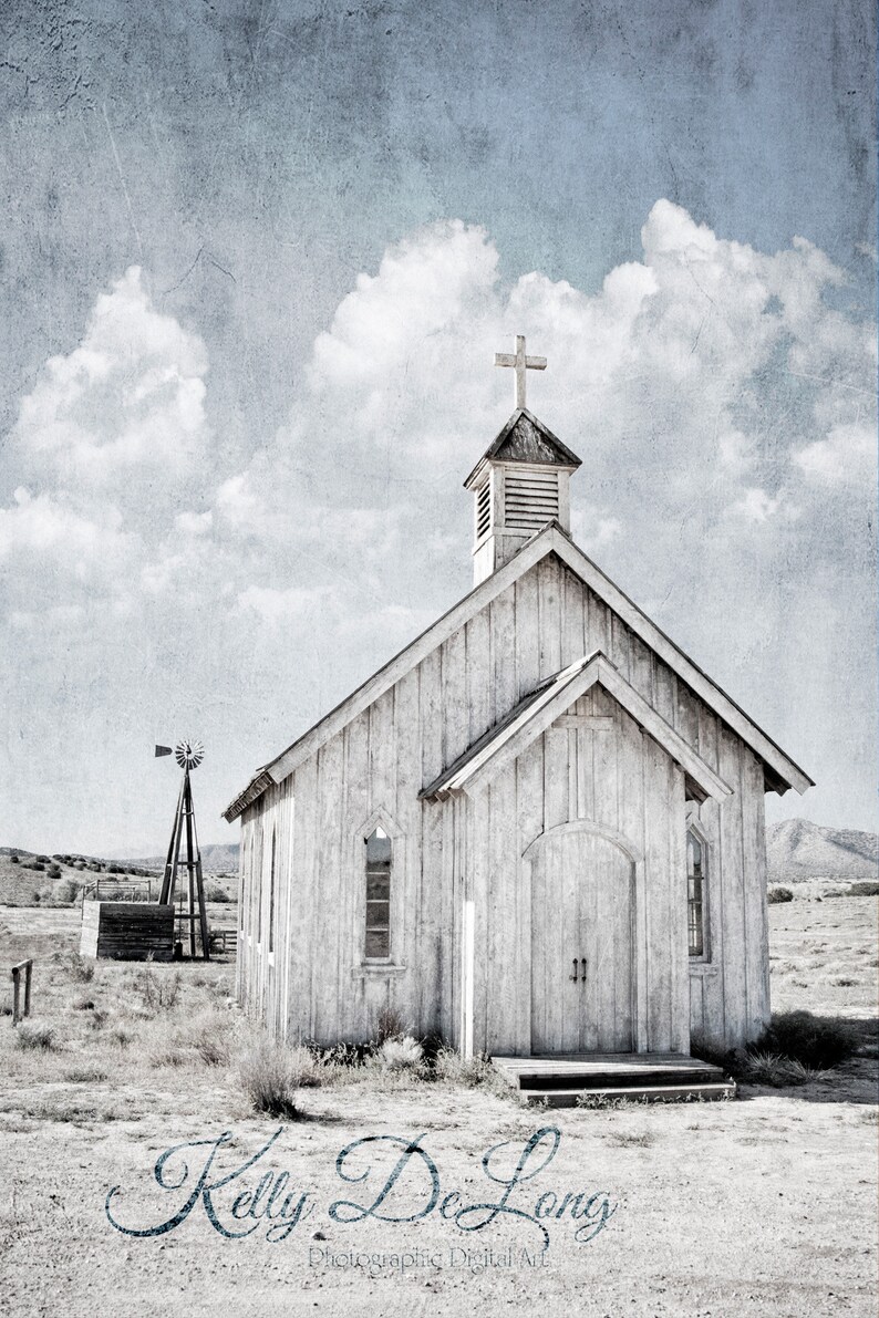 Country Church, Rustic Decor, Western Art. Subtle Whitewash/blue Color ...
