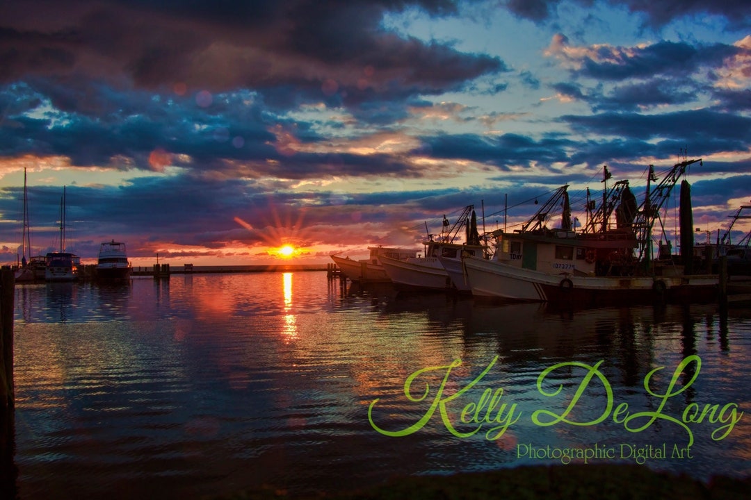 Fulton Harbor Sunrise, Shrimp Boats at Dawn, Marina, Coastal Art ...