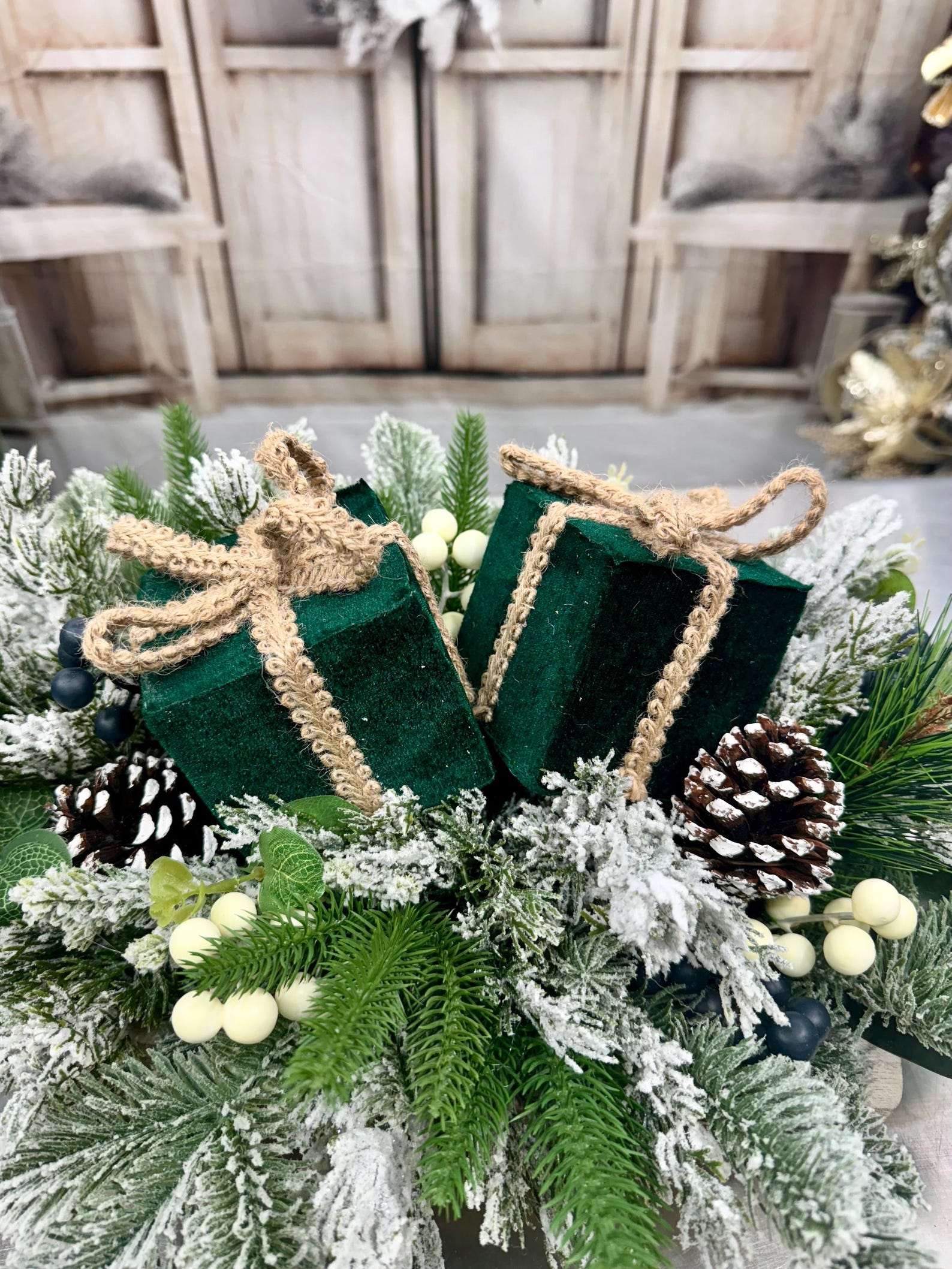 Rustic Winter Evergreen Centerpiece With Velvet Gift Boxes and Snow ...