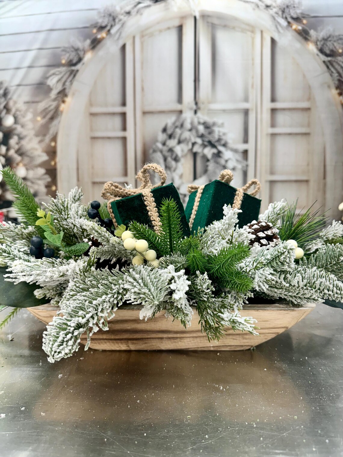 Rustic Winter Evergreen Centerpiece With Velvet Gift Boxes and Snow ...