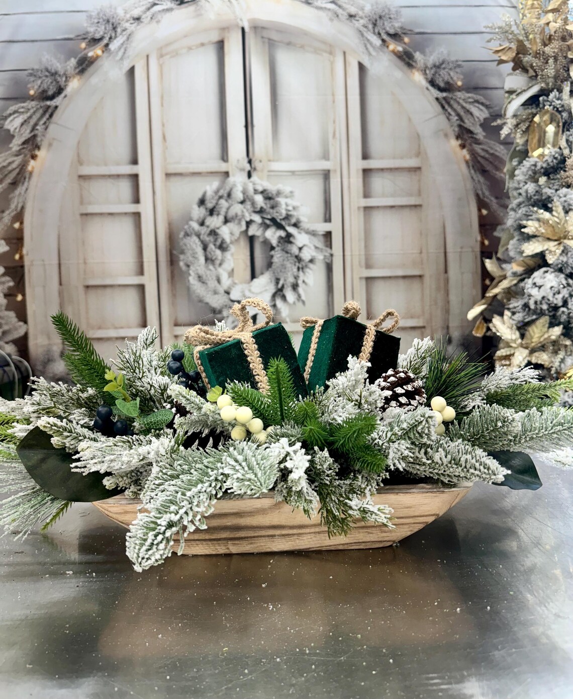 Rustic Winter Evergreen Centerpiece With Velvet Gift Boxes and Snow ...