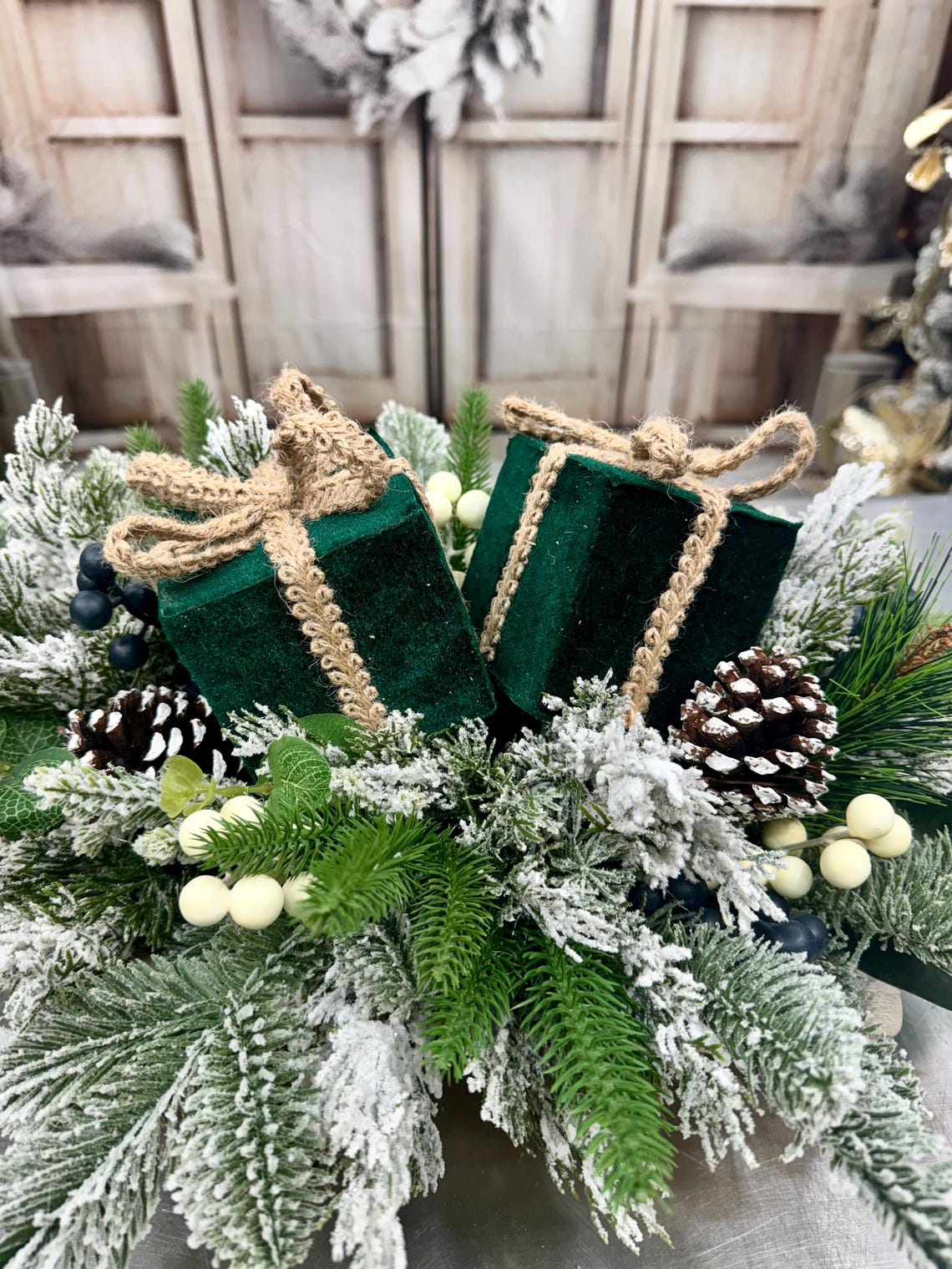 Rustic Winter Evergreen Centerpiece With Velvet Gift Boxes and Snow ...