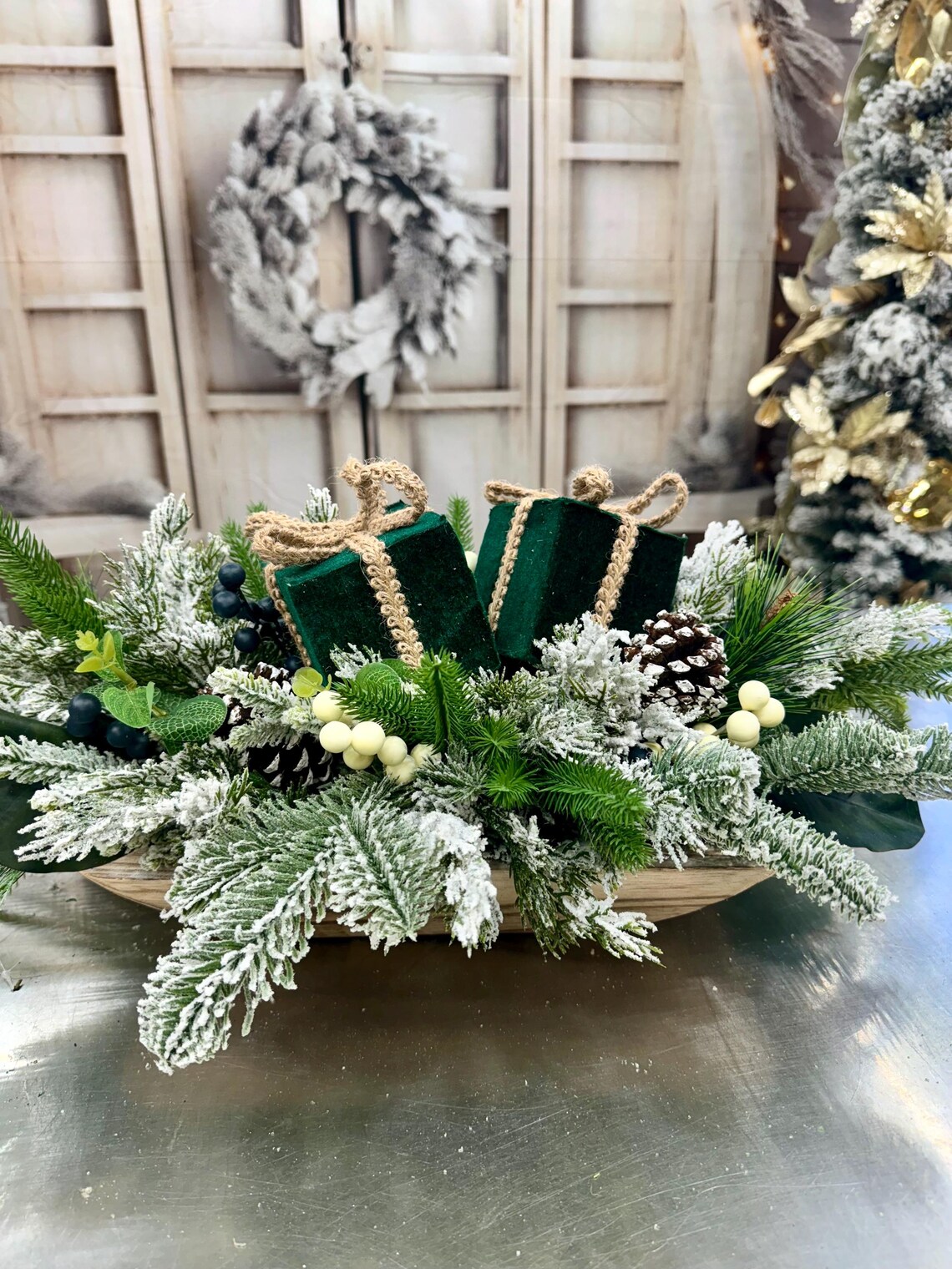Rustic Winter Evergreen Centerpiece With Velvet Gift Boxes and Snow ...