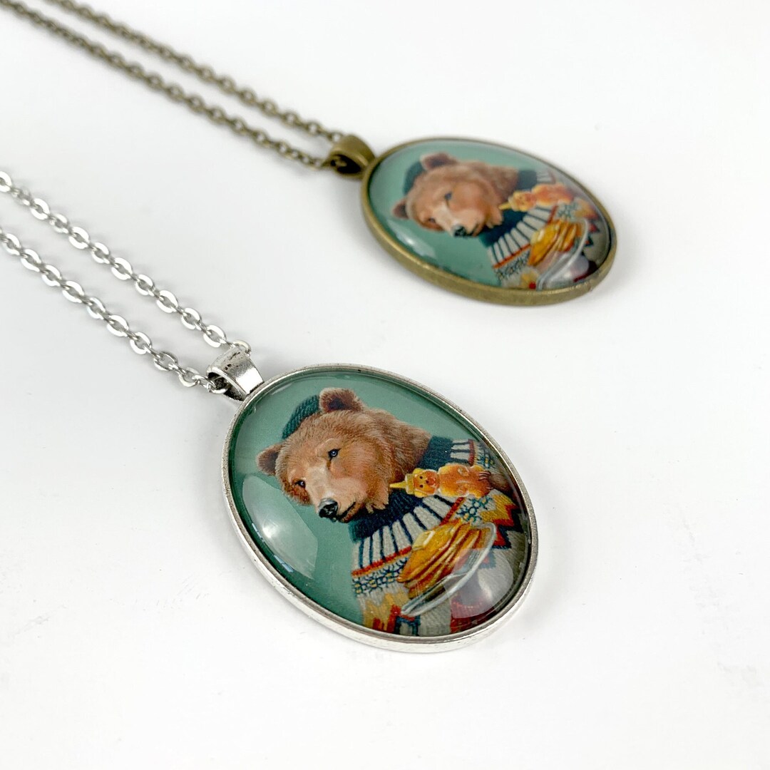 Bear Pendant, Bear Jewelry, Fair Isle Sweater Large Glass Oval Cameo ...