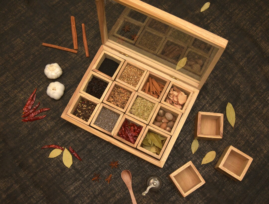 Handcrafted Teak Wood Spice Box: Masala Dabba With Glass Lid - Etsy