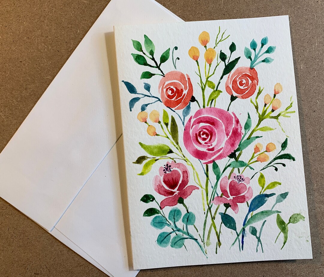Original Hand Painting Watercolor Card, Custom Greeting Card, Rose ...