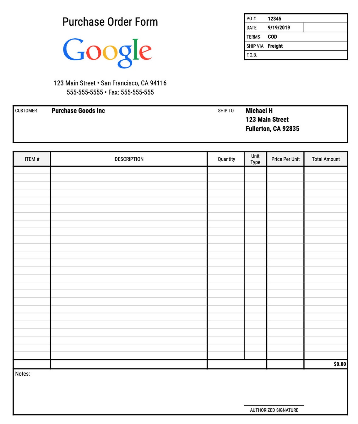 Purchase Order Form Template For Google Sheets And Excel Etsy