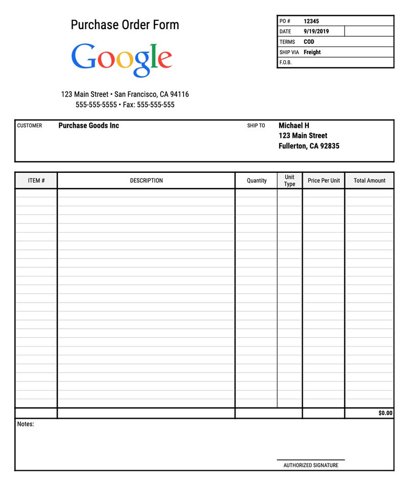 Purchase Order Form Template For Google Sheets And Excel Etsy