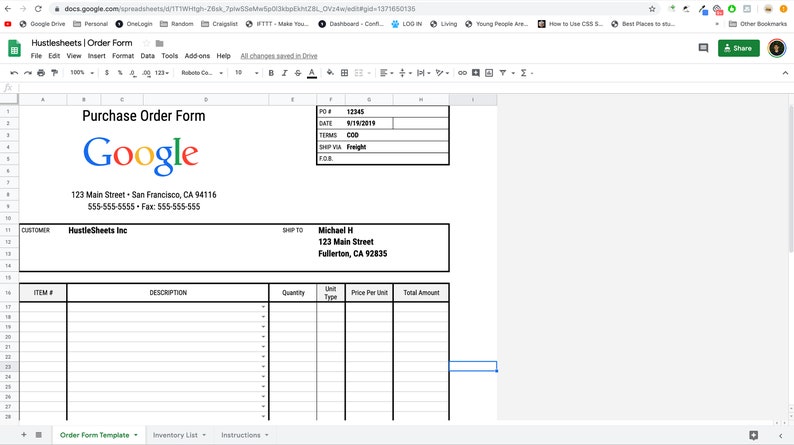 Purchase Order Form Template for Google Sheets and Excel - Etsy
