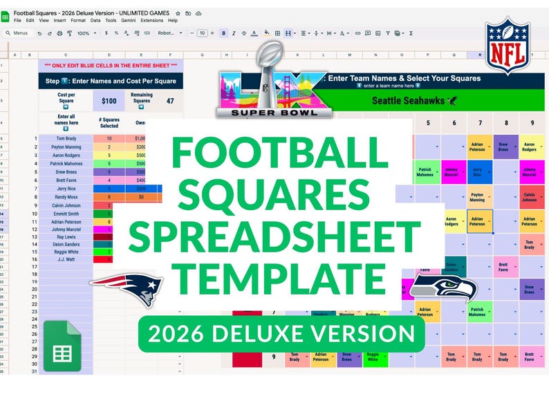 Super Bowl 2026 Squares Game - Automatic Football Squares Template for ...