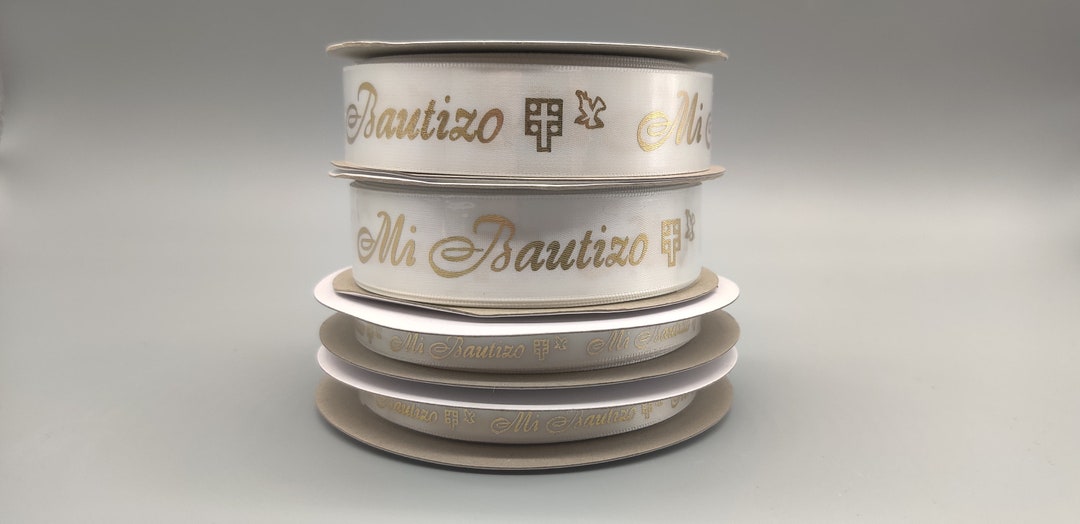 Mi Bautizo Ribbon - Holy Cross & Dove Pattern - White + Gold Embossed ...