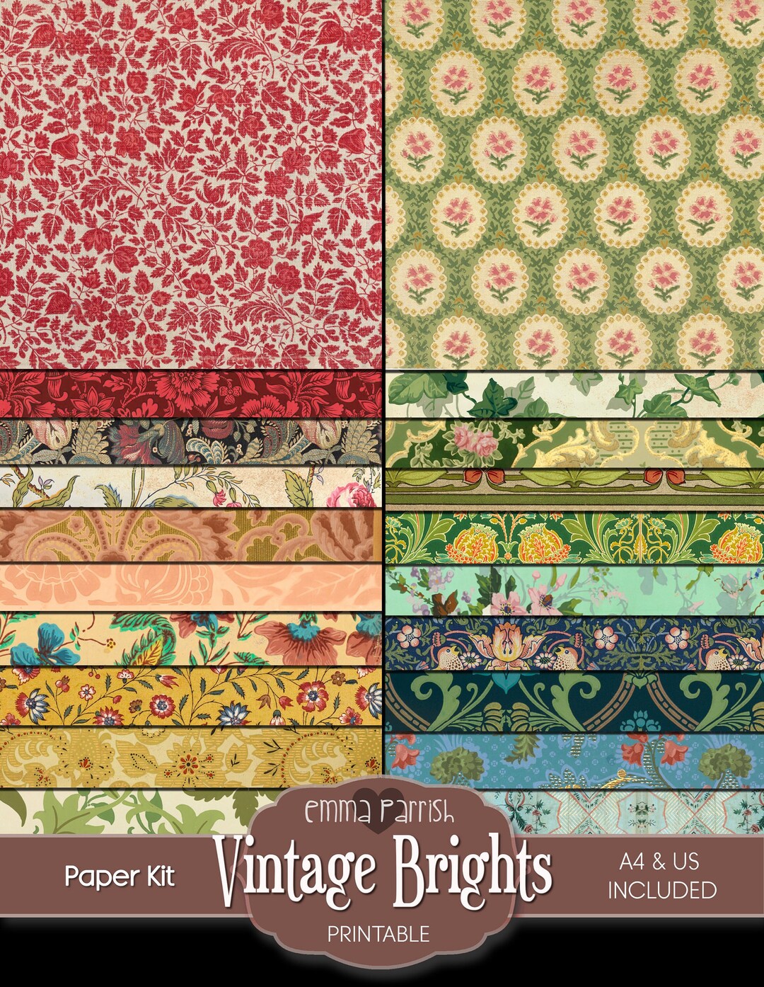 Vintage Bright Patterned Printable Paper Pack, Junk Journal Digital ...