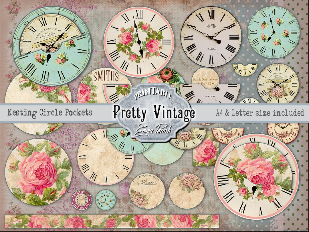 Pretty Vintage Circle Printable Pocket Tag Kit, Junk Journal Nesting ...