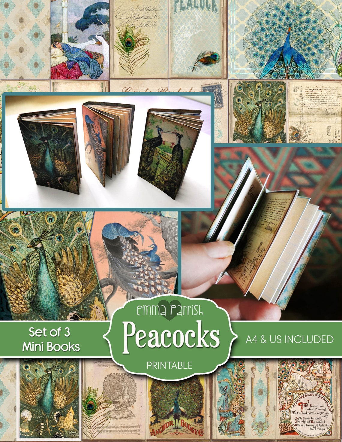 Peacock Miniature Book Printable Kit, Junk Journal Vintage Ephemera ...