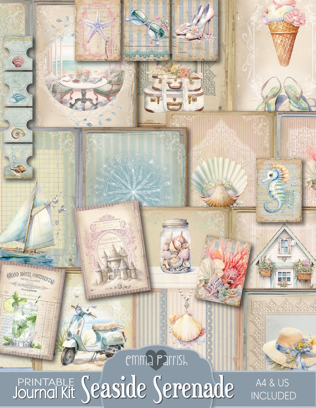 Seaside Junk Journal Kit, Beach, Ocean, Coastal, Pastel, Shabby ...