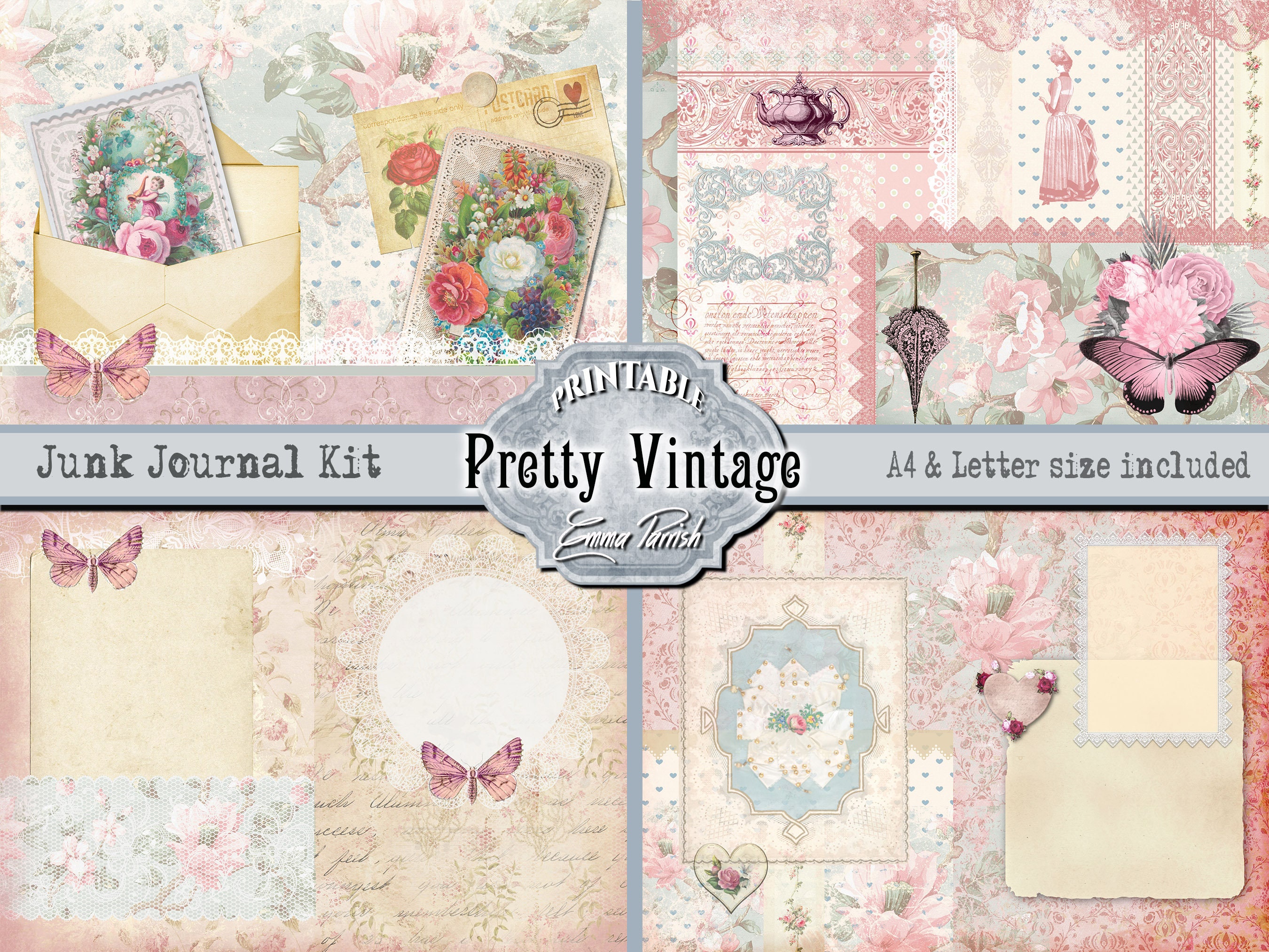 Pretty Vintage Junk Journal Kit Pink Blue Vintage Printable - Etsy