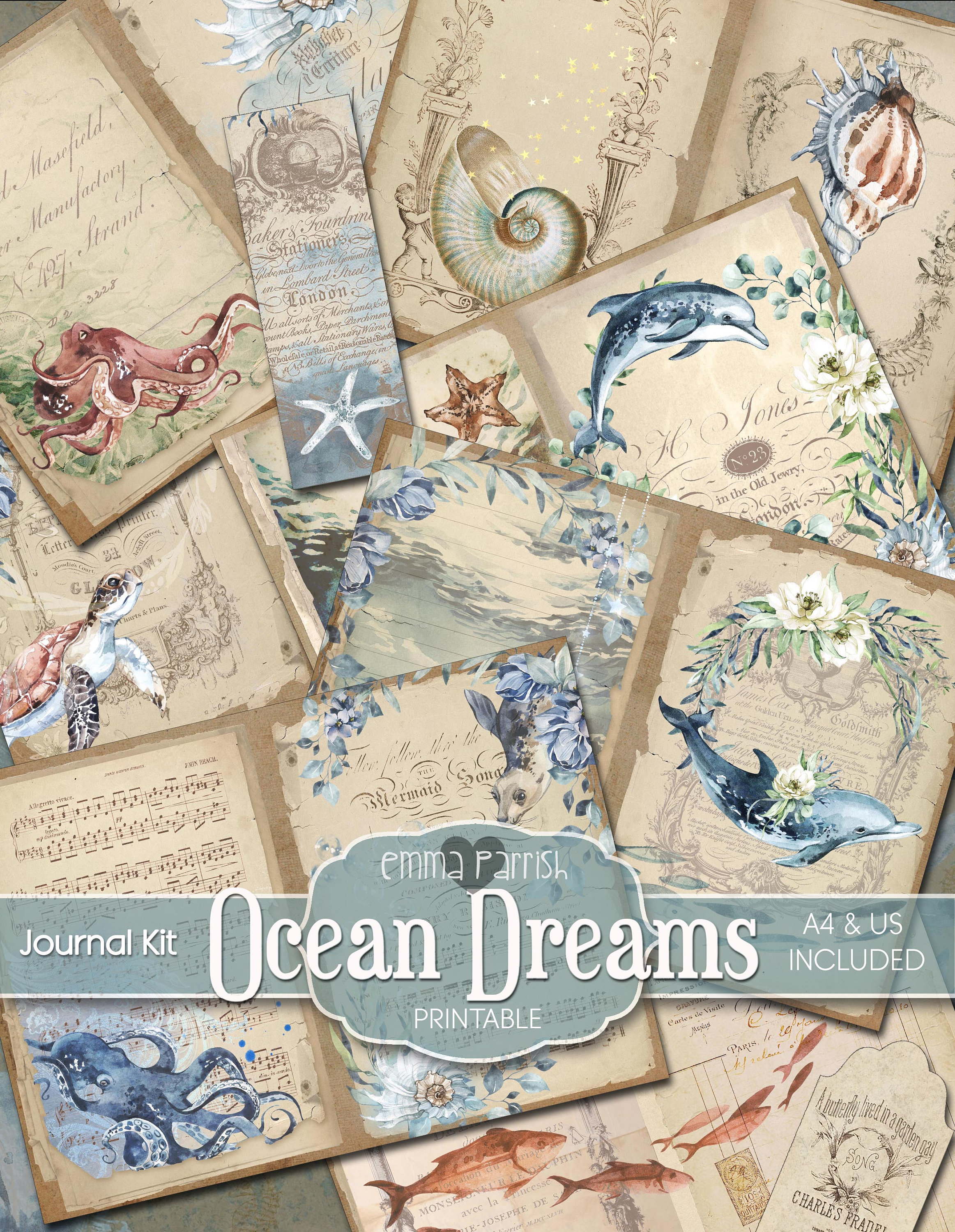 Ocean Junk Journal Kit, Nautical Blue Digital Paper Printable, Dolphin ...