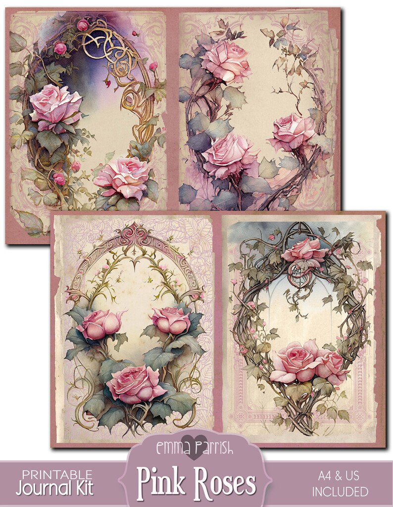 Pink Roses Junk Journal Kit, Printable, Shabby Chic, Flowers, Botanical ...
