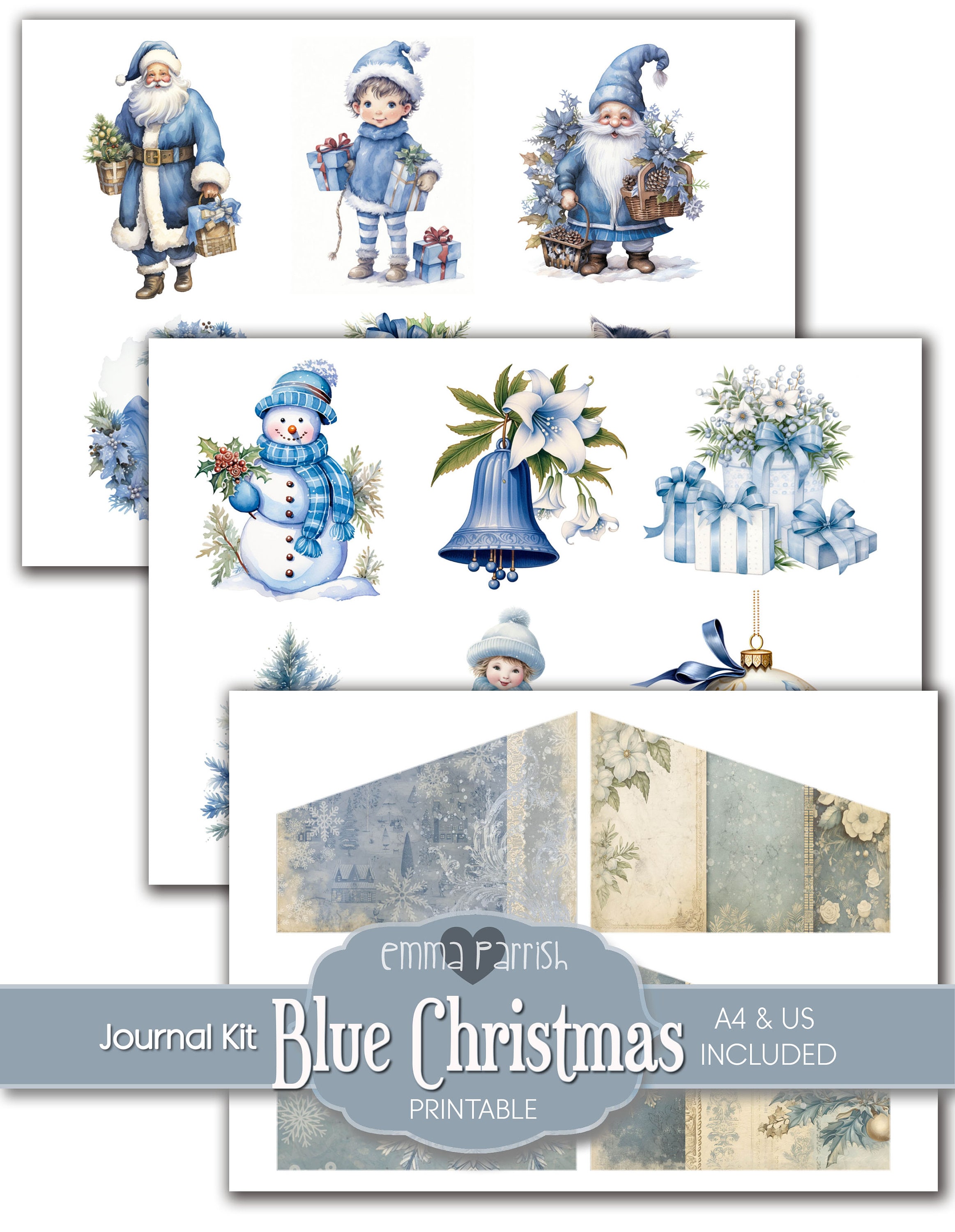 Blue Christmas Printable Junk Journal Kit, Cute Snowman, Santa ...