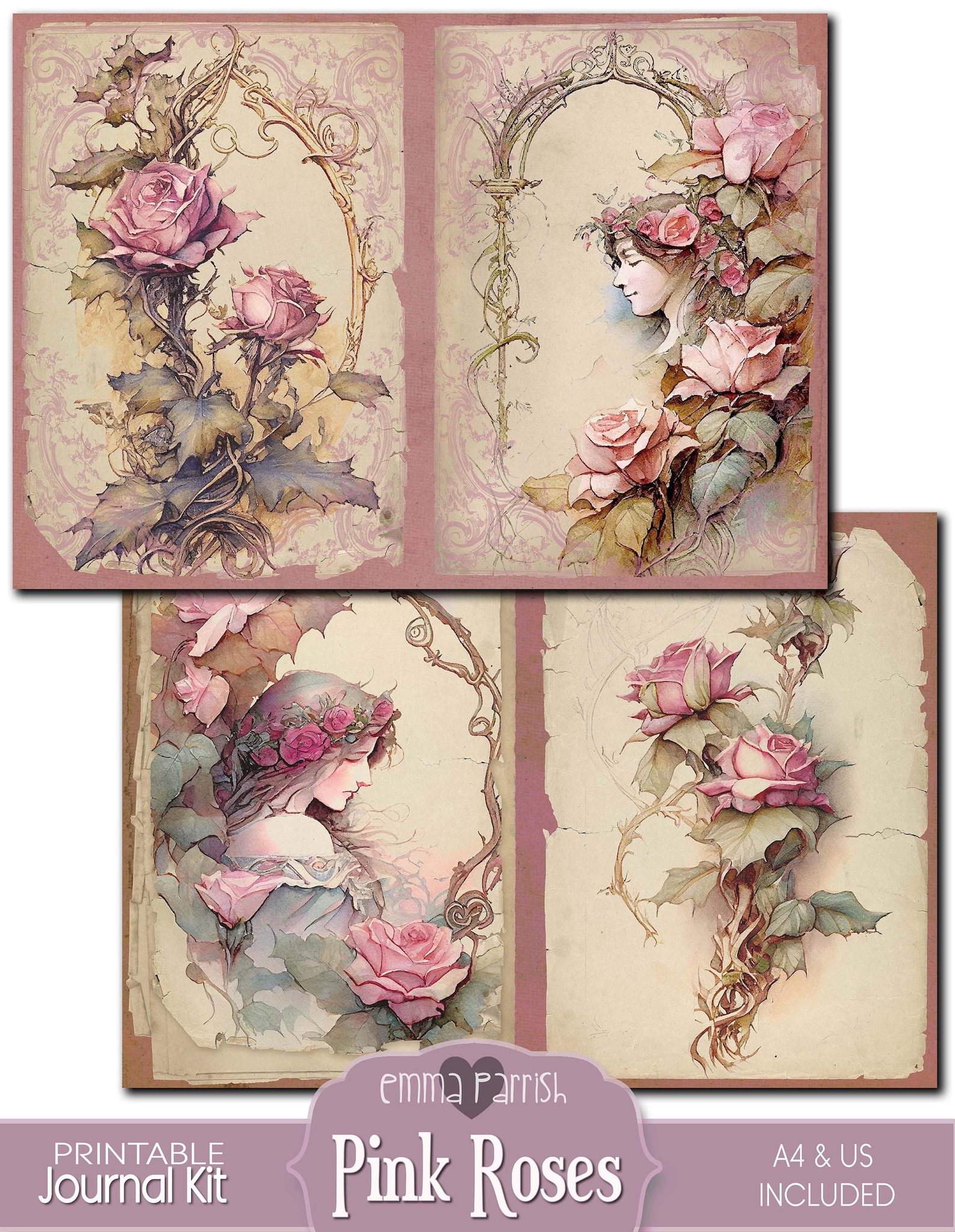 Pink Roses Junk Journal Kit, Printable, Shabby Chic, Flowers, Botanical ...