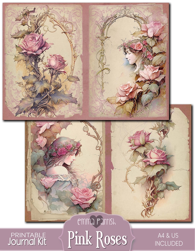 Pink Roses Junk Journal Kit, Printable, Shabby Chic, Flowers, Botanical ...