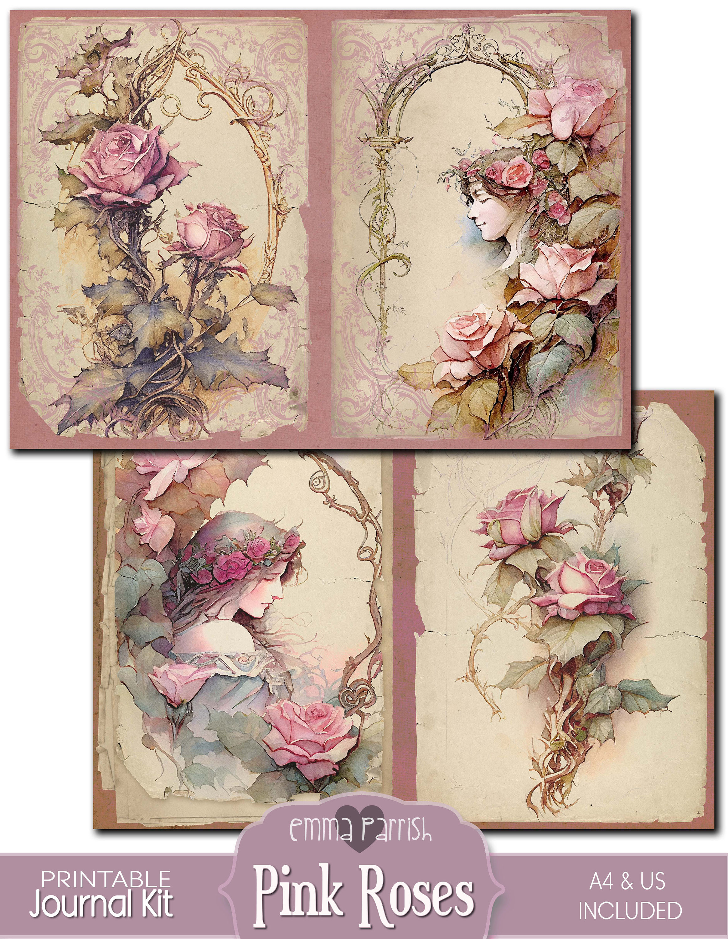 Pink Roses Junk Journal Kit, Printable, Shabby Chic, Flowers, Botanical ...