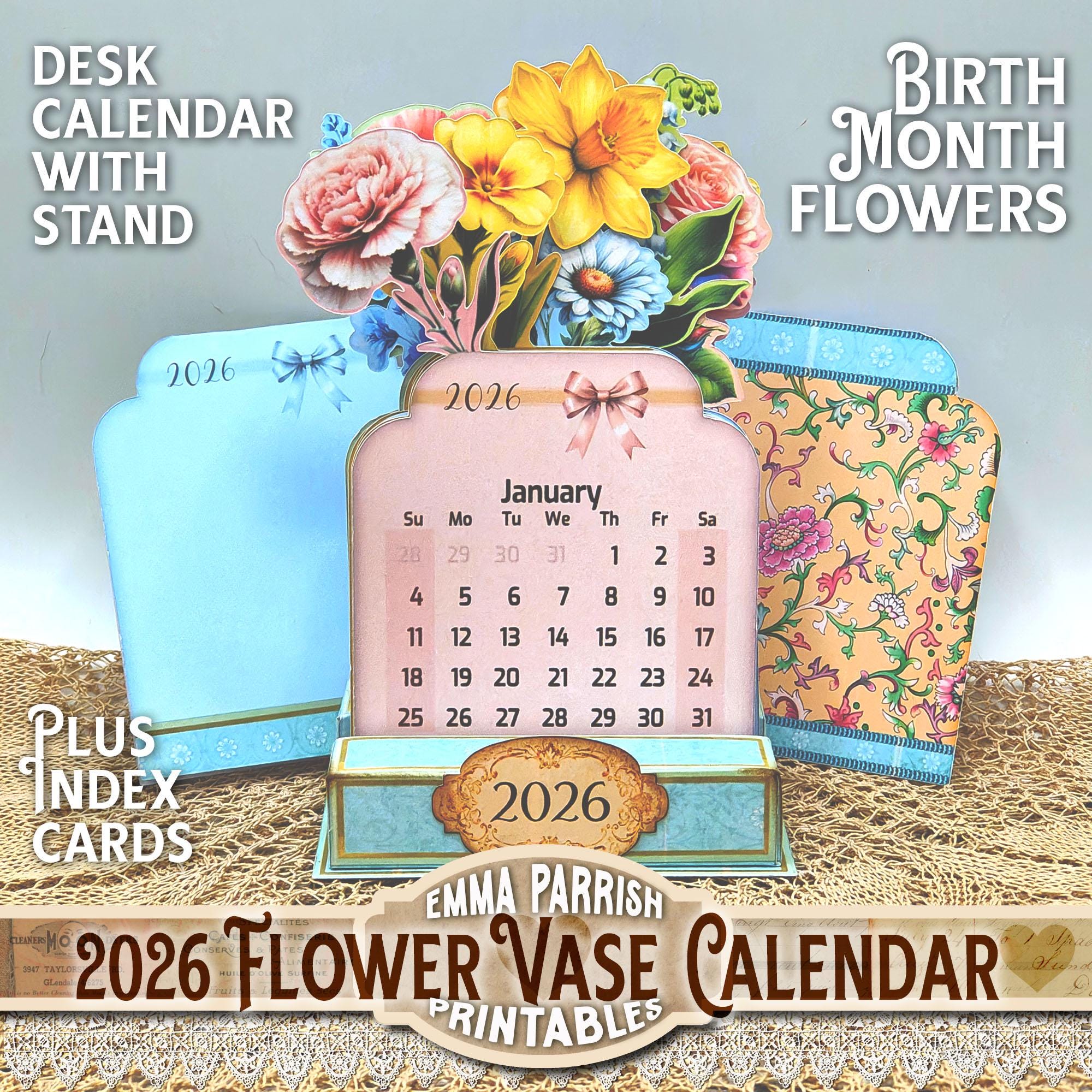 2026 Flower Vase Desk Calendar Printable, Cricut Tested DIY Papercraft ...