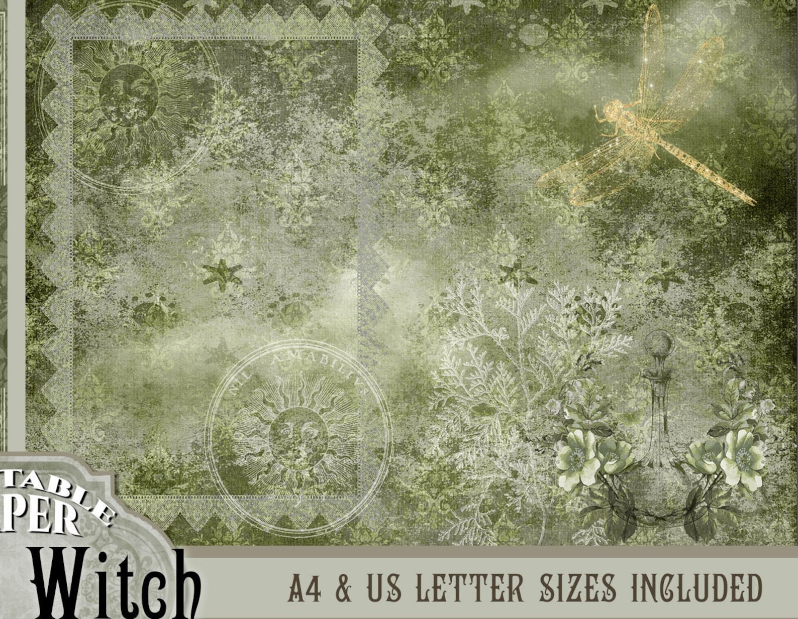 Green Witch Printable Paper Set, Junk Journal Printable Kit, Witch ...