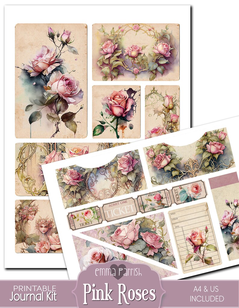 Pink Roses Junk Journal Kit, Printable, Shabby Chic, Flowers, Botanical ...