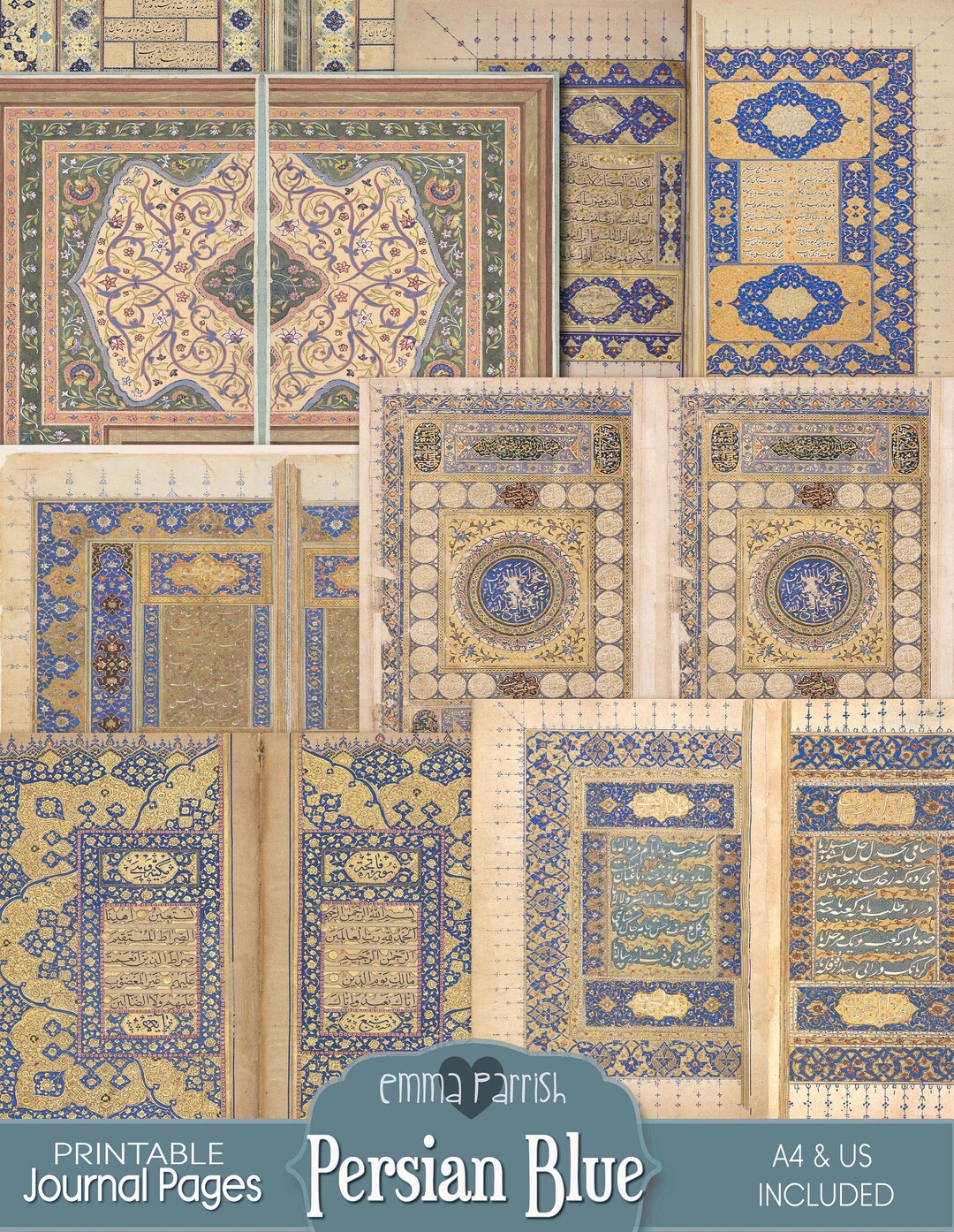 Persian Blue Journal Printable Pages, Boho Paper, Persia, Gold, Vintage ...