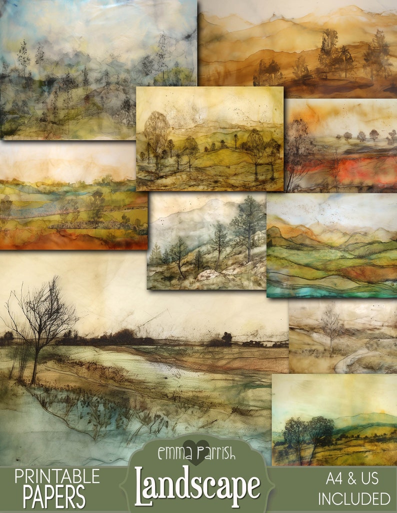 Landscape Printable Paper Pack, Junk Journal, Background, Watercolour ...