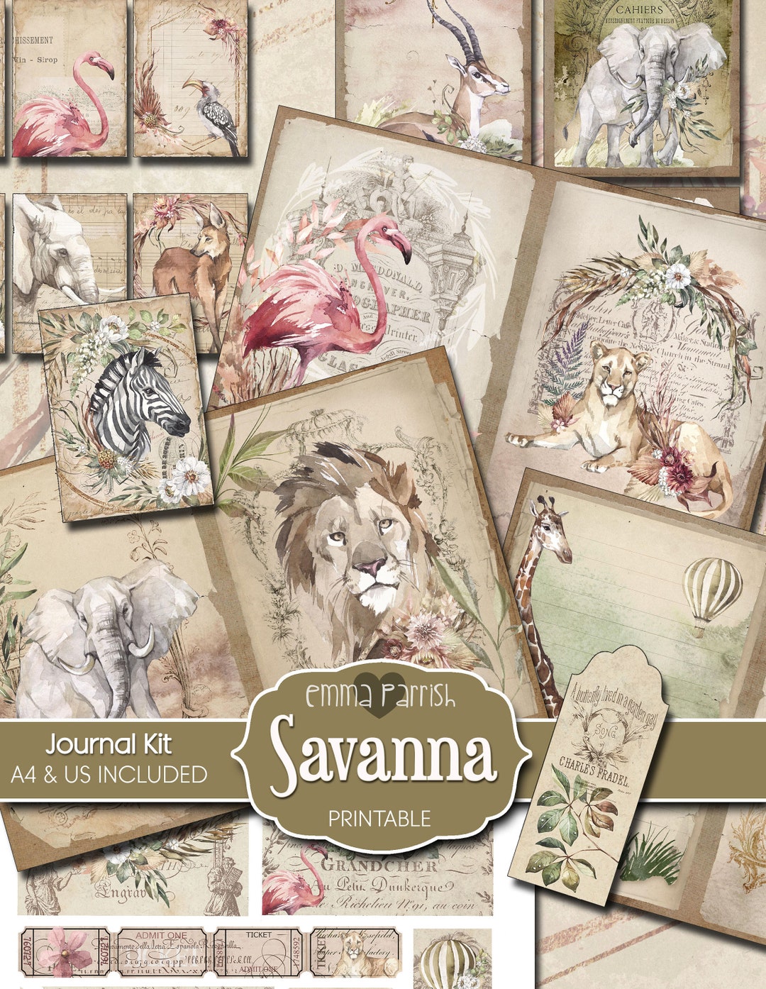 Savanna Printable Junk Journal Kit, Wild Animals Ephemera Digital Paper ...