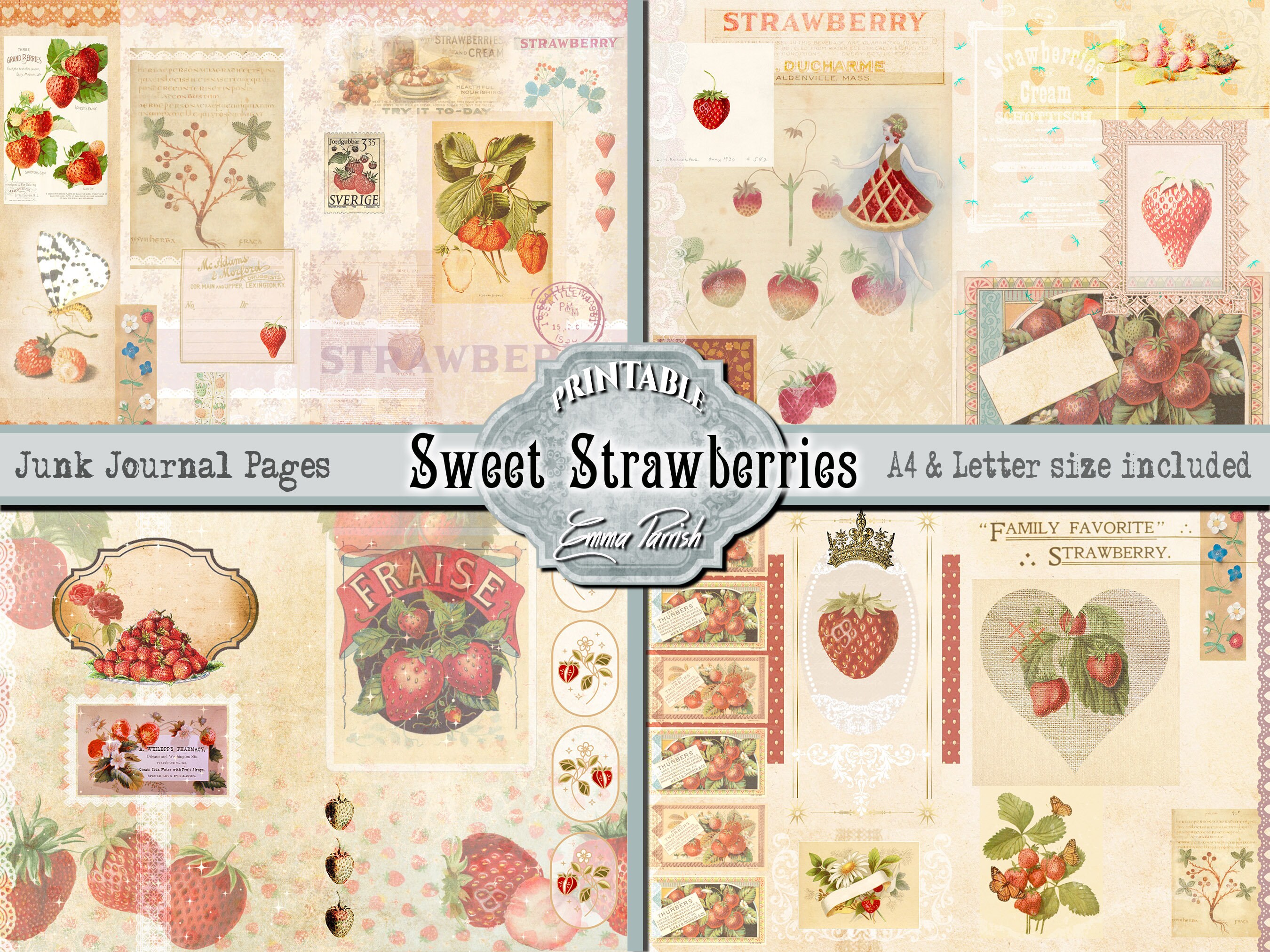 Vintage Strawberry Junk Journal Printable Paper, Strawberry Digital ...