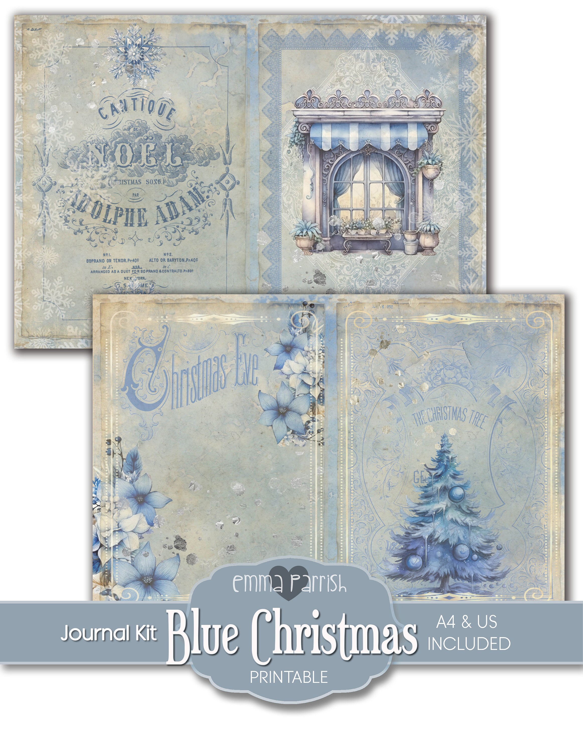 Blue Christmas Printable Junk Journal Kit, Cute Snowman, Santa ...