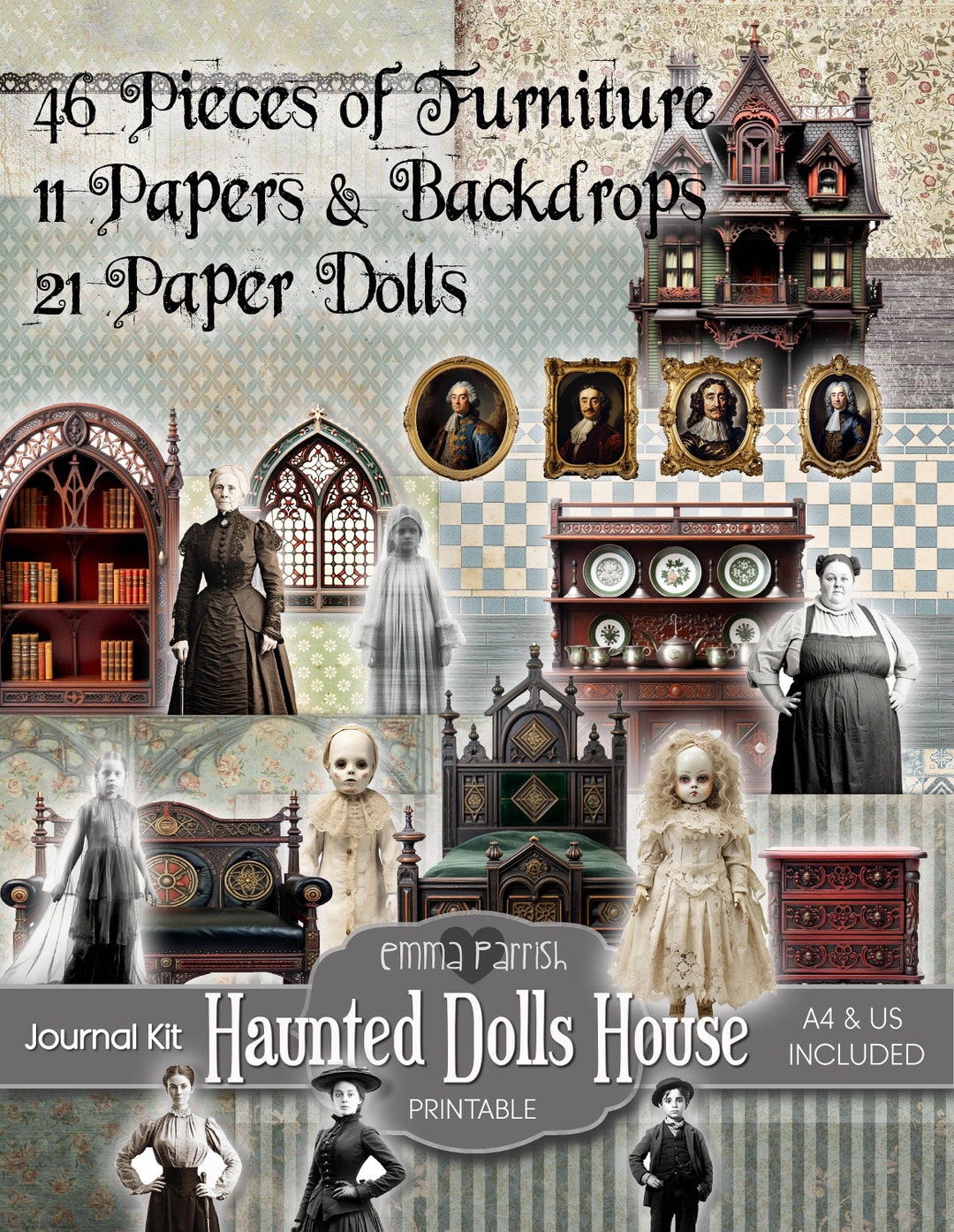 Haunted Dollhouse Journal Kit, Printable Paper Dolls House, Halloween ...
