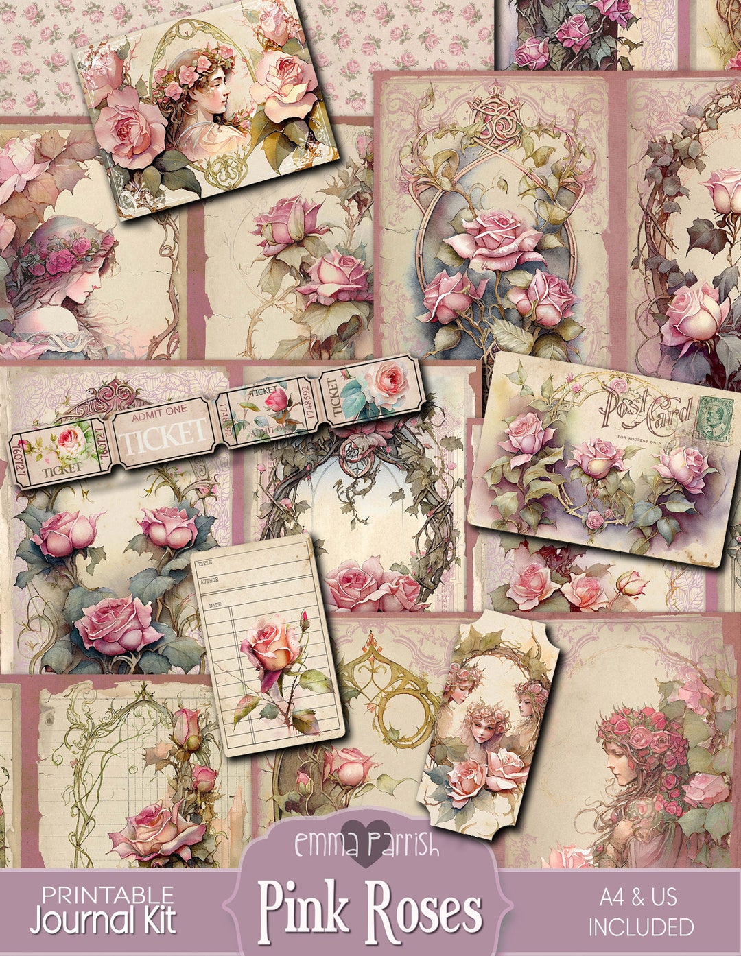 Pink Roses Junk Journal Kit, Printable, Shabby Chic, Flowers, Botanical ...
