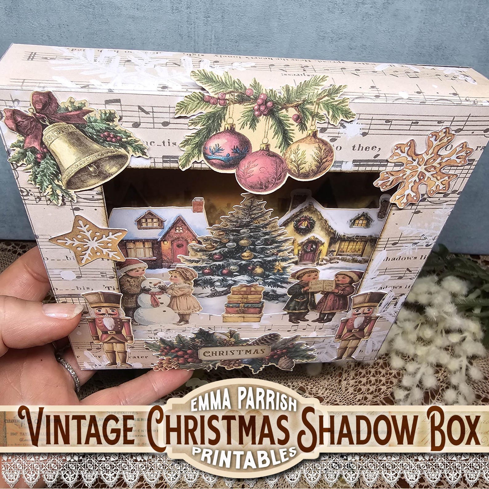Vintage Christmas Shadow Box – Printable Papercraft Kit, Fold Flat ...