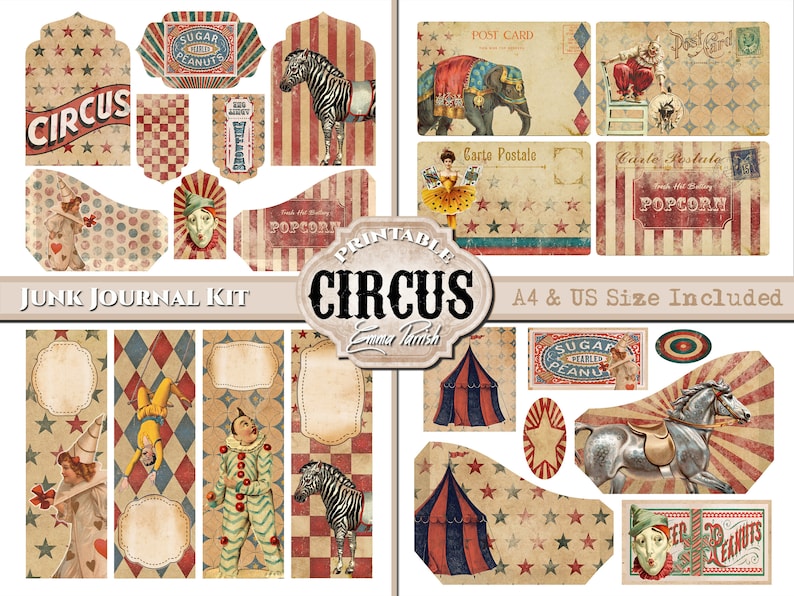 Vintage Circus Junk Journal Kit, Printable Circus Digital Paper Set ...