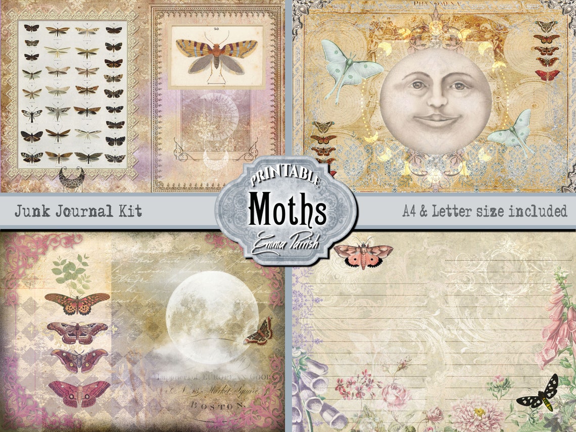 Moths Junk Journal Kit Moon Printable Pages Vintage Moth - Etsy