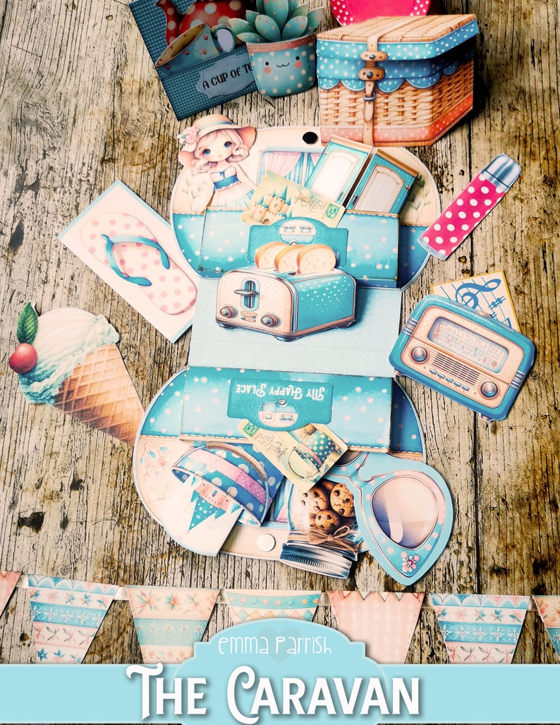 Cute Caravan Printable Junk Journal Folio, 10 Interactive Papercraft ...