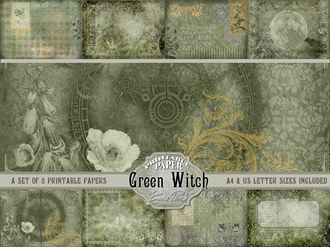 Green Witch Printable Paper Set, Junk Journal Printable Kit, Witch ...
