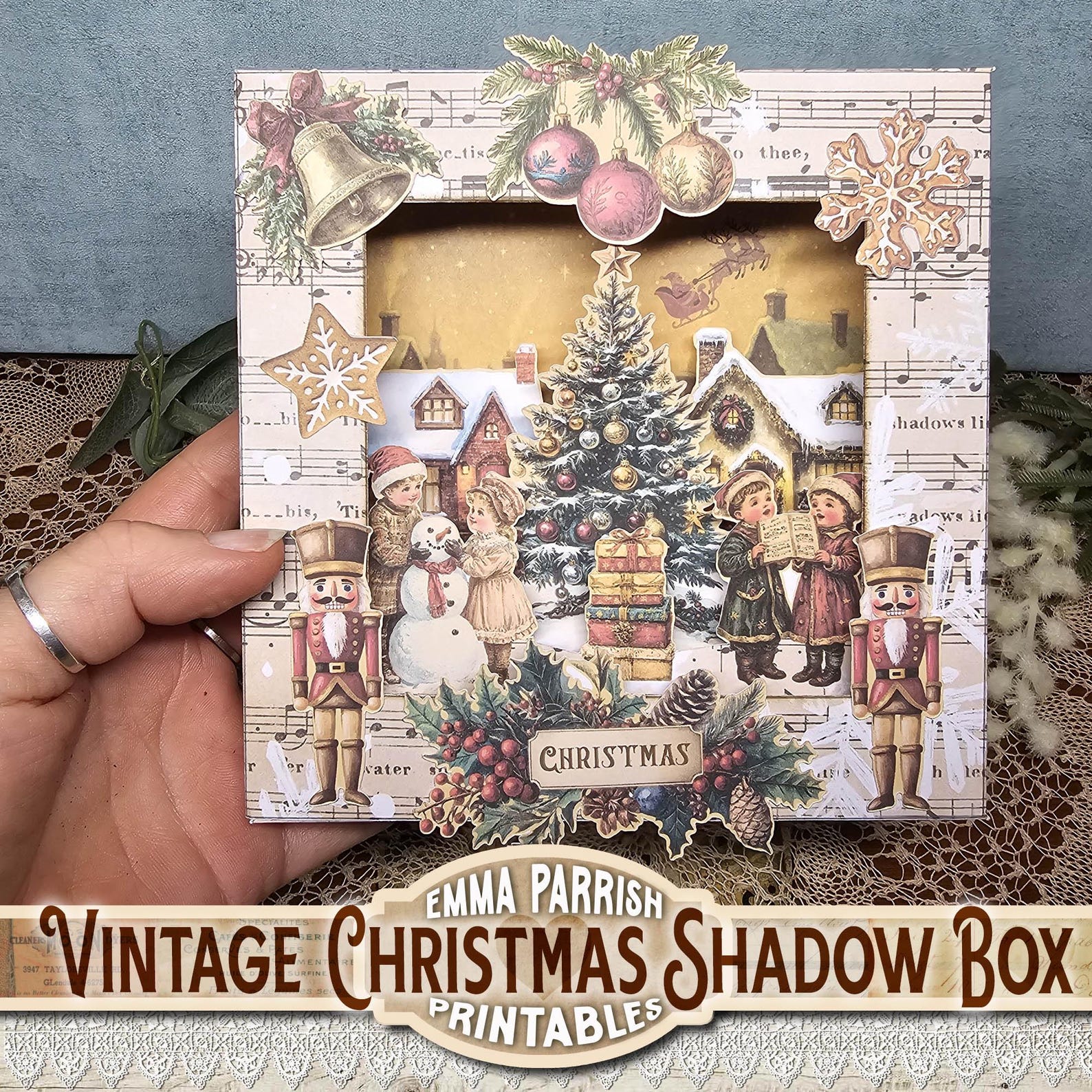 Vintage Christmas Shadow Box – Printable Papercraft Kit, Fold Flat ...