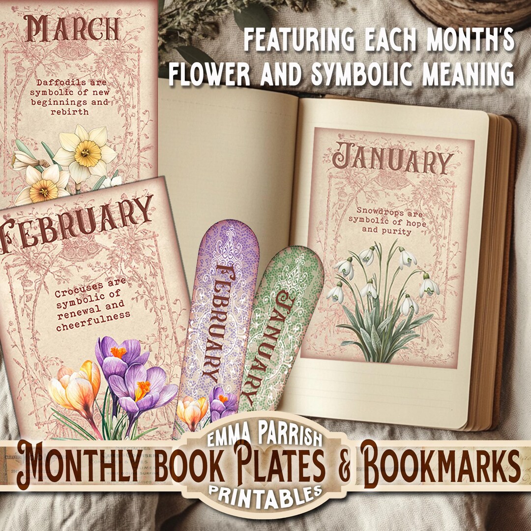 Monthly Floral Book Plates, Junk Journal Printable Supplies, Vintage ...