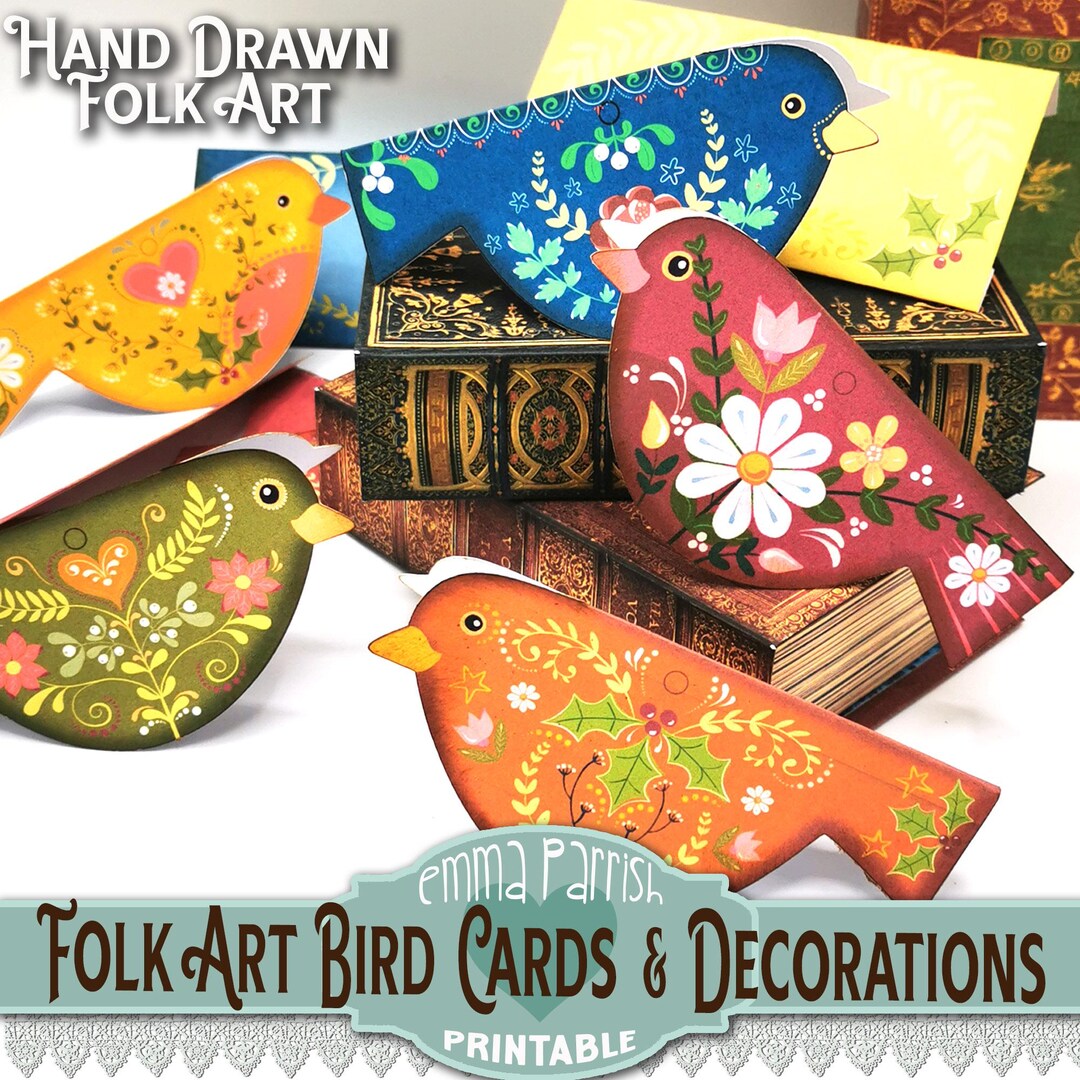 Folk Art Bird Greetings Cards, Printable Christmas Cards With Envelopes ...