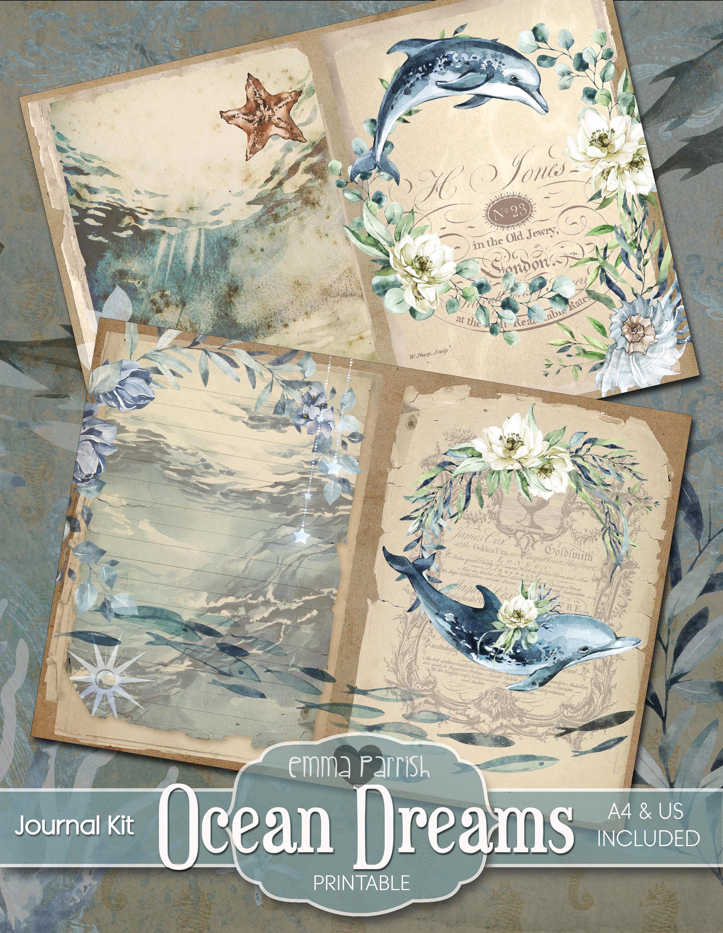 Ocean Junk Journal Kit, Nautical Blue Digital Paper Printable, Dolphin ...