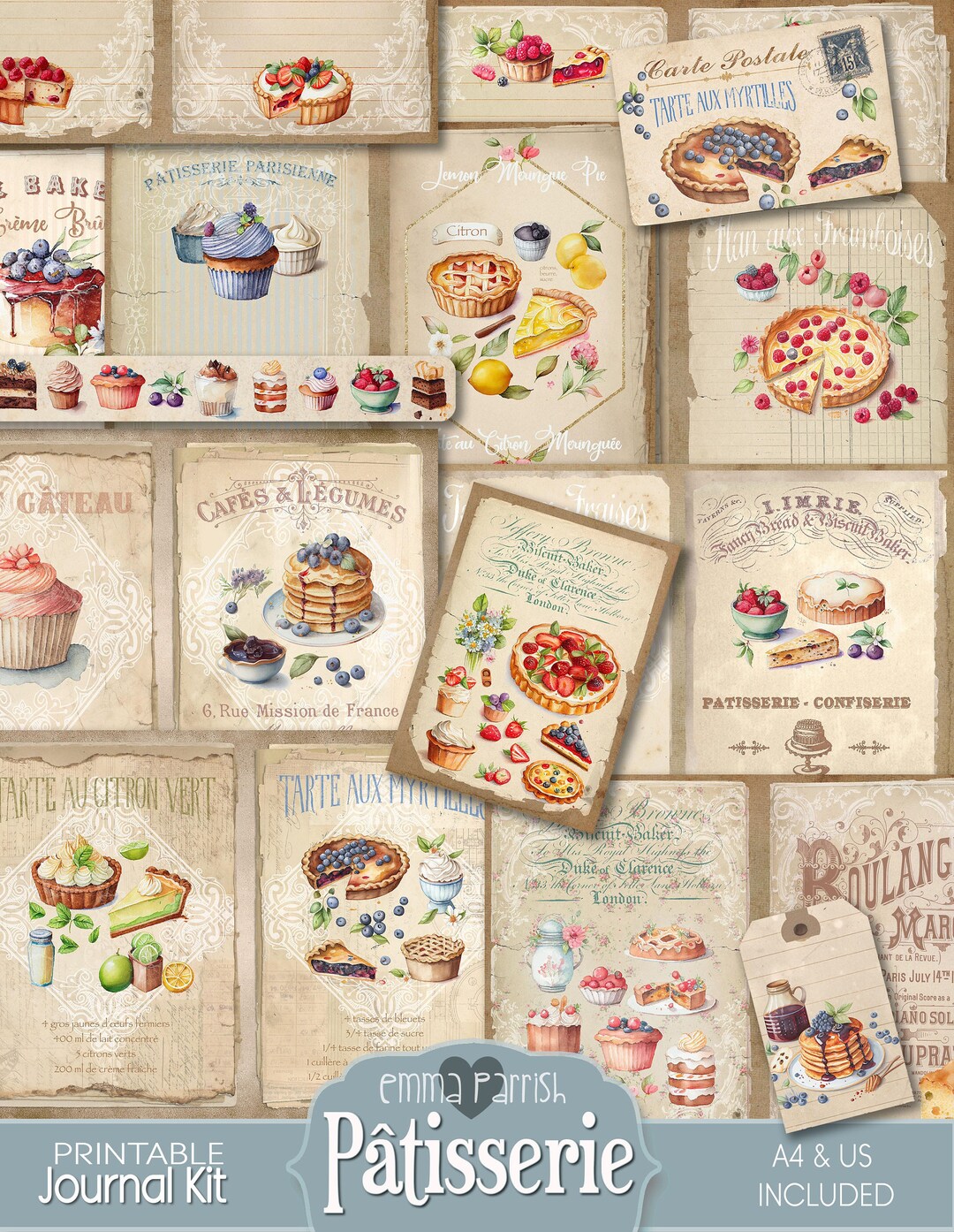 Bakery Cake Journal Kit, Printable, Shabby French Patisserie, Pastries ...